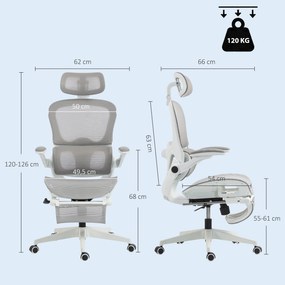 HOMCOM ergonomická kancelářská židle s bederní opěrkou, podnožkou a opěrkou hlavy, šedá