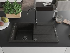 Mexen Bruno, granitový dřez 795x495x200 mm, 1-komorový, černá se zlatou metalízou a černým sifonem, 6513791010-75-B