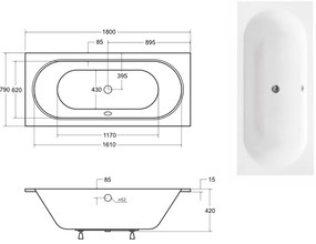NIKIDO - B Akrylátová vana VITAE SLIM 150x75, 160x75, 170x75, 180x80 Velikost: 150x75