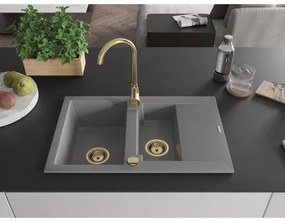 Mexen Gaspar, granitový dřez 737x475x177 mm, 1,5-komorový, šedá se zlatým sifonem, 6507731505-71-G