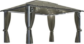 Altán se závěsy a světelnými LED řetězy 4 x 3 m taupe hliník 3070337