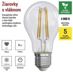 Emos lighting LED žárovka Filament A60 A CLASS/ E27 / 5 W (75 W) / 1 060 lm / neutrální bílá 1525283412