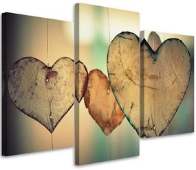 Obraz na plátně třídílný Srdce dřeva Love Retro - 90x60 cm