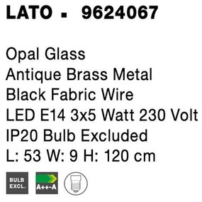 Nova Luce Závěsné svítidlo LATO opálové sklo antický mosazný kov černý kabel E14 3x5W