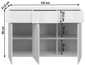 Komoda 3D3S, bílá/bílý extra vysoký lesk HG, JOLK