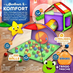 KIDUKU® hrací stan + 200 míčků + tunel + taška dětský stan ball pit dětský stan