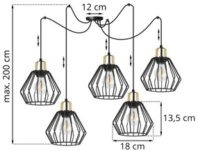 Závěsné svítidlo Nuvola Spider 5, 5x černé drátěné stínítko, g