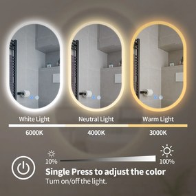 Erga Demi, oválné LED zrcadlo 60x100cm, 3 barvy světla, přední osvětlení, topná podložka proti zapaření, ERG-V01-Demi-6010-CL