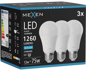 Mexen Nova 3x LED žárovka E27, A60, 12W, Studená - 6500K, 1260 lm - L100-E27-1265-01x03