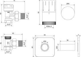 Mexen G05, úhlová termostatická souprava s hranatou krytkou, bílá matná, W901-958-909-20