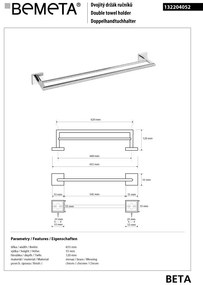 Bemeta Design BETA: Držák ručníků, 600 mm, dvojitý - 132204052