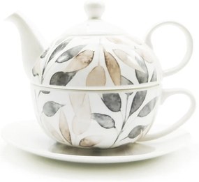 Porcelánová čajová souprava pro jednoho Scandic Leaves – konvička 0,45 l + šálek a podšálek, s motivem listí v přírodních tónech