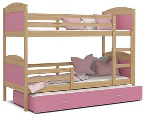 DOBRESNY Dětská patrová postel MATYAS 3 90x200cm s borovic. konstrukcí v růžové barvě s přistýlkou