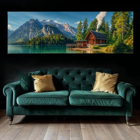 Obraz na plátně - Chladný podvečer v jezerní chatě FeelHappy.cz Velikost obrazu: 180 x 60 cm