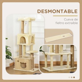 PawHut Velký Škrabací Strom pro Kočky 60x34x136 cm s Platformami, Hřejivými Jeskyněmi, Odnímatelnými Jutovými Sloupky a Visacím Míčkem Bežová