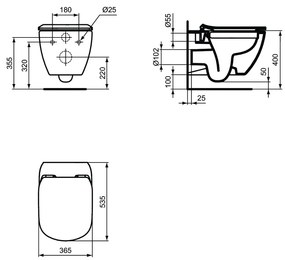 Ideal Standard Tesi- SET: Závěsné WC, 36x53cm, RIMLESS + sedátko, ultra ploché, Soft-Close T355101