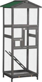 PawHut Velká Klec pro Ptáky z Masivního Dřeva s 2 Dveřmi, Asfaltovou Střechou a Odnímatelným Podnosem - 68 x 63 x 165 cm Šedá
