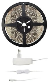 Solight LED světelný pás s testrem, 5m, sada s 12V adaptérem, 4,8W/m, IP65, teplá bílá