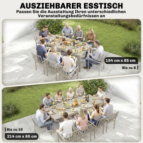 Outsunny rozkládací zahradní stůl, 154–214 × 85 × 75 cm, hliníkový jídelní stůl pro 8–10 osob, obdélníkový stůl na balkon/terasu s dekorem dřeva, odo…