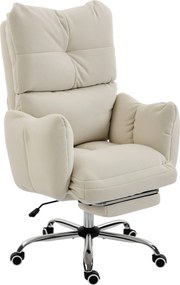 HOMCOM ergonomické kancelářské křeslo s podnožkou — krémově bílý flanel, silné čalounění, vysoké opěradlo, výškově nastavitelné