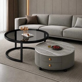 LuxuryForm DESIGN Konferenční stolek ORION 70 × 70 / 50 × 50 cm – šedý / šedý mramor + sklo (set 2 ks)