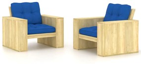 Zahradní židle 2 ks s modrými poduškami impregnovaná borovice,  3065799