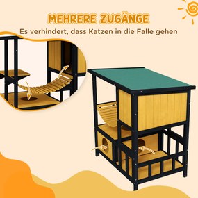 PawHut Dřevěná kočičí bouda - venkovní kočičí jeskyně s visutým mostem, balkonem a platformou, voděodolná střecha, pro 1-2 kočky do 5 kg, žlutá