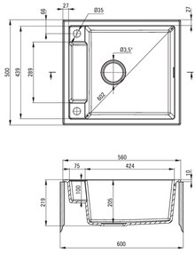 Deante Magnetic, granitový dřez na desku 560x500x219 mm, 3,5" + prostorově úsporný sifon, 1-komorový, grafitová metalíza, ZRM_G103