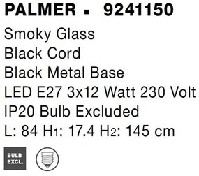 Nova Luce Závěsné svítidlo PALMER kouřové sklo černý kabel černá kovová základna E27 3x12W