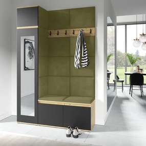 Eka Předsíňová stěna s čalouněnými panely Trinity 22 - Dub Artisan s černou / Zelená 2327