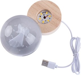 Skleněná LED koule na dřevěném podstavci ANDĚL