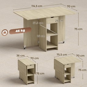 HOMCOM skládací jídelní stůl s šuplíkem a 2 policemi, pro 2–4 osoby, moderní úsporný stůl do kuchyně/jídelny, přírodní dřevo, 114,5 × 70 × 75 cm