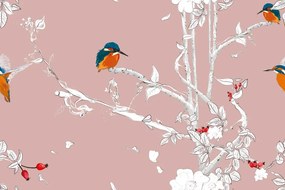 Samolepící tapeta ptáčci v hustém lese s růžovým pozadím