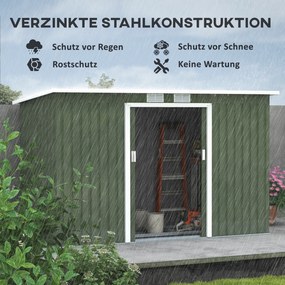 Kůlna Outsunny, zahradní kůlna, kůlna na nářadí s posuvnými dveřmi, větrací okno, jednoplášťová střecha, venkovní, ocel, světle zelená, 280 x 130 x 1…