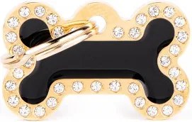 Psí známka MY FAMILY Zlatá kost s kamínky Swarovski černá