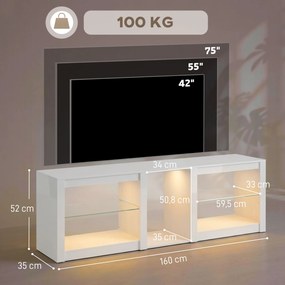 HOMCOM TV komoda s RGB LED osvětlením, moderní TV nábytek s nastavitelnými skleněnými policemi, pro televize až do 75 palců, bílá