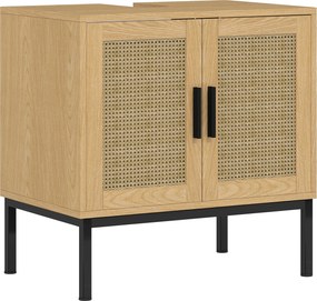 Kleankin koupelnová skříňka s rattanovým vzhledem, umyvadlová skříňka s ochranou proti převrhnutí, Dub, 60 x 39 x 60 cm | Aosom
