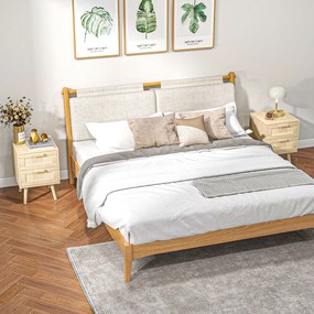 HOMCOM Set 2 Nočních Stolků, Boční Stoly, 2 Zásuvky s Ratanovými Předními Stranami, Boho Styl, Noční Stolky, Nohy z Přírodního Borového Dřeva