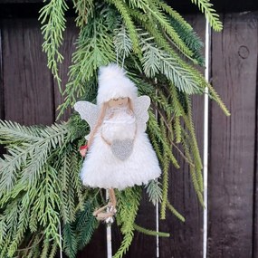 Sada vánočních ozdob andílků 11,5 cm, bílá, dřevo, příze