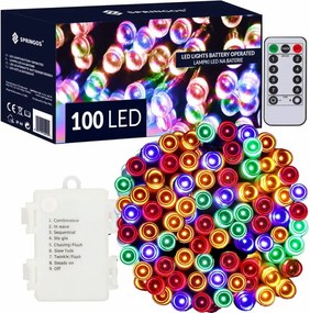 LED světelný řetěz - 10m, 100LED, 8 funkcí, ovladač, 3xAA, IP44, multicolor