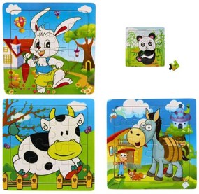 _Ostatní 1_ DŘEVO PUZZLE Zvířátka 15x15cm skládačka na desce 16 dílků 4 druhy 040003