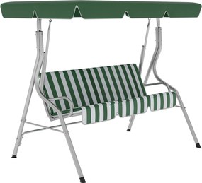 Zahradní houpačka Outsunny pro 3 osoby, venkovní houpačka s nastavitelnou sluneční clonou, pruhovaný vzor, s polštáři na sedák a opěrku zad, 1,7 x 1,1