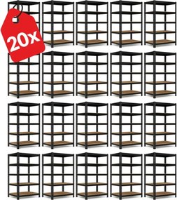 Akce 20x Regál 216x120x50 cm profesionální 5-policový, nosnost 200 kg - černý