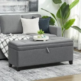 HOMCOM Lavice s úložným prostorem, polstrovaná lavice 120x40x48 cm s bezpečnostními panty, lněný vzhled, tmavě šedá