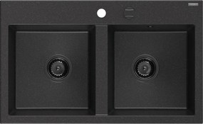 Mexen Hektor, 2-komorový granitový dřez 800x480x205 mm, černá-stříbrná metalíza, grafitový sifon, 6521802000-73-B
