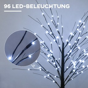 HOMCOM 150 cm umělý březový stromek s 96 LED světly a umělým sněhem pro vánoční výzdobu a oslavy, ideální na večírky, svatby