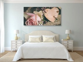 Obraz růže a srdíčko ve vintage provedení - 100x50 cm