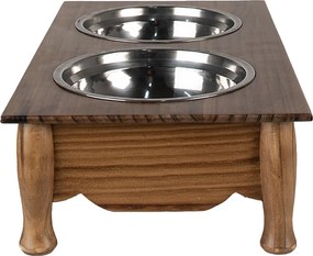 Misky pro zvířata v hnědém antik dřevěném stojanu - 41*22*12 cm / 2*500 ml