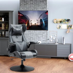 Ergonomická herní židle Vinsetto s nastavitelnou výškou, kulatou základnou, sklápěcími opěrkami, podhlavníkem a bederními polštáři, PU šedá černá