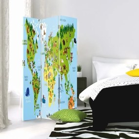Ozdobný paraván, Mapa světa pro děti - 110x170 cm, třídílný, obustranný paraván 360°